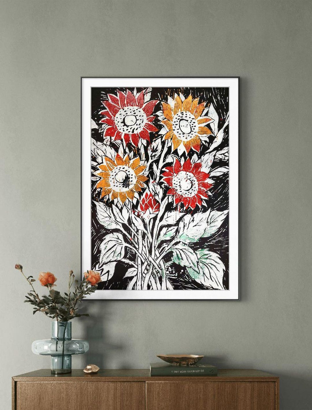 Sunflower Linocut – A3 Color Print on Black – White, Yellow, Terracotta ...