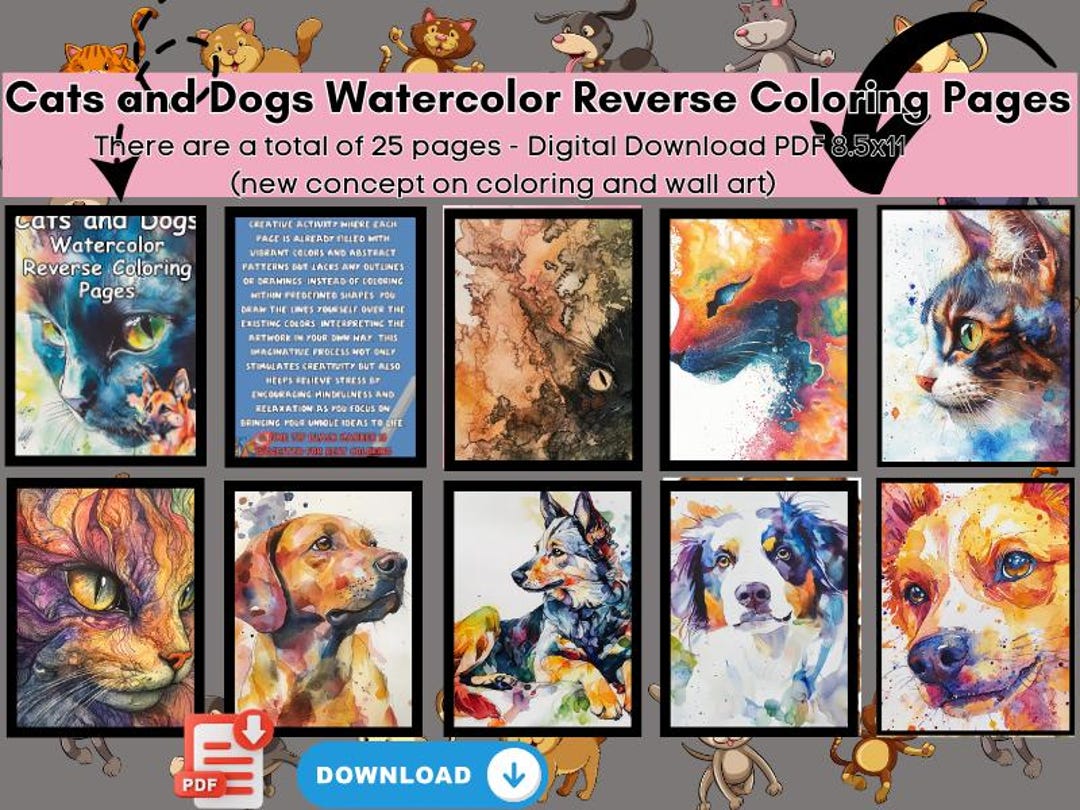 Cats and Dogs Watercolor Reverse Coloring Pages (digital Download) - Etsy