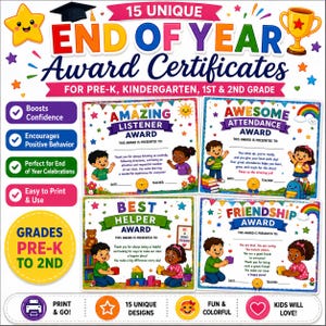 15-end of Year Award Certificates for Pre-k–2nd Grade-printable ...