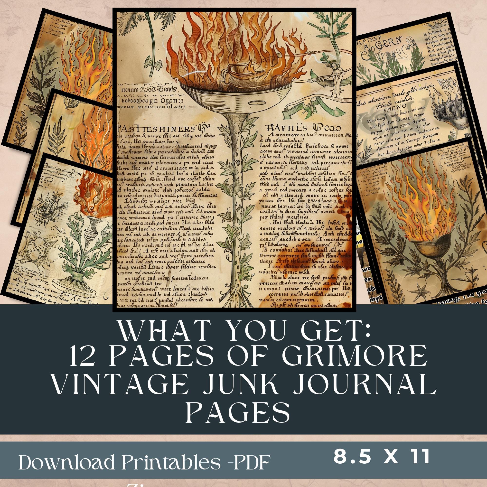 Vintage Grimoire Fire Spell Junk Journal Pages, Magic Spells, Grimoire ...