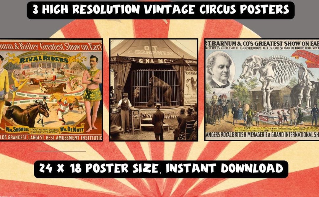 Vintage Circus Poster Set, Barnum & Bailey, Gorilla, Rival Riders ...