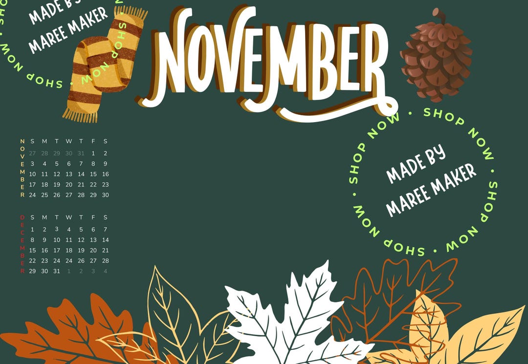 November Calendar Desktop Wallpaper for MacBook PC Green - Etsy