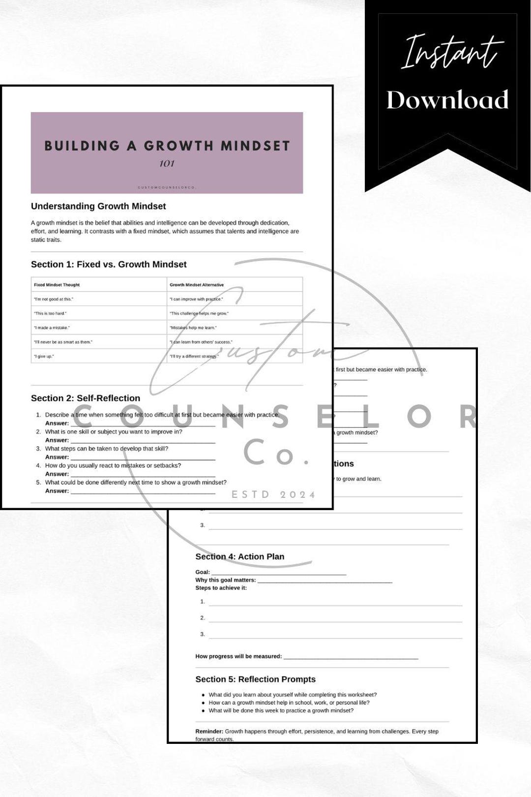 Growth Mindset Worksheet Printable PDF | Personal Development Journal ...