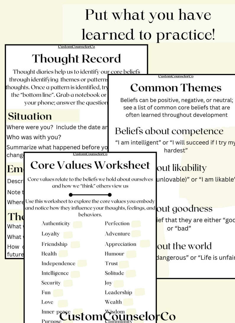 Core Beliefs Worksheets Bundle / CBT / Therapy Worksheets / Anxiety ...