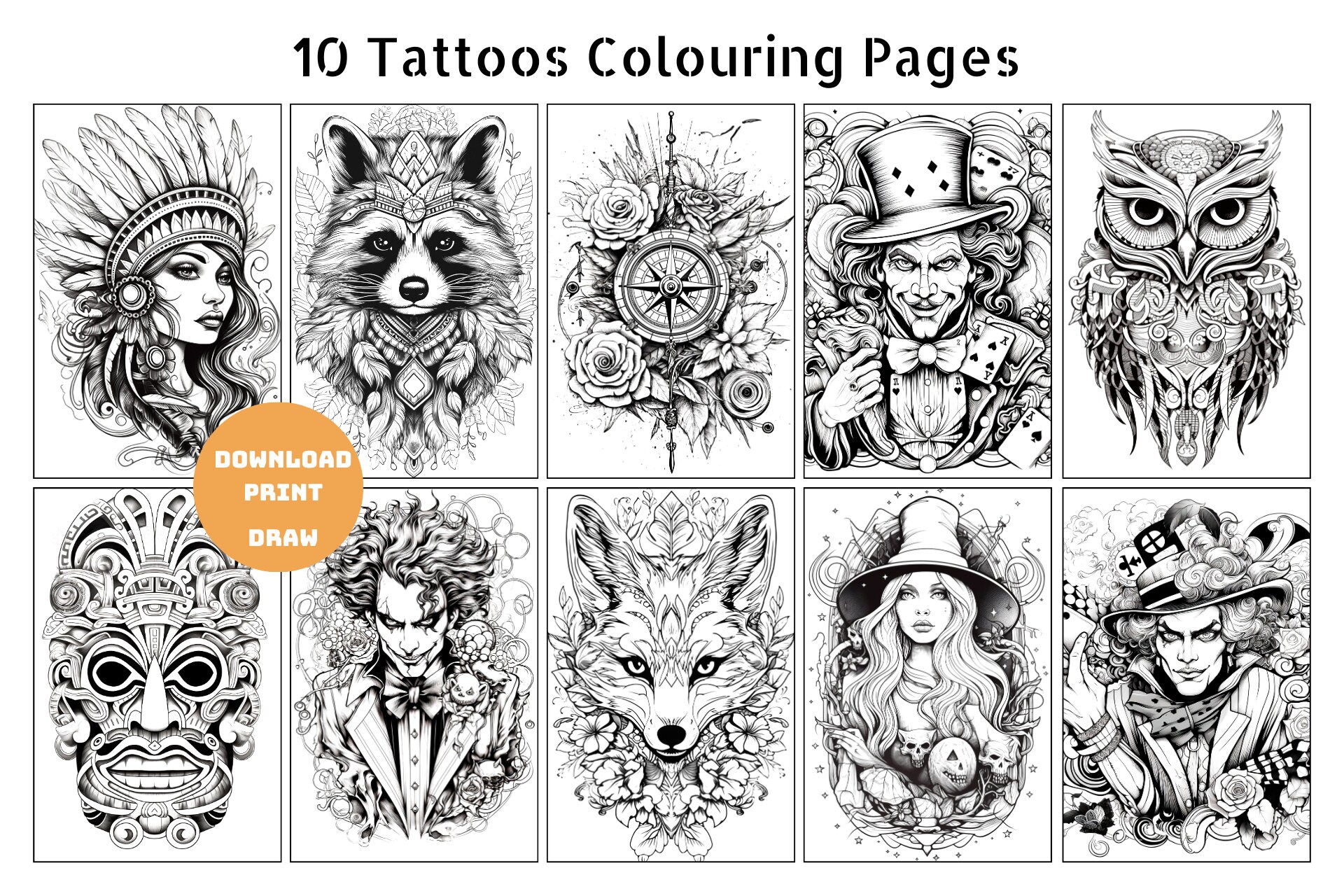 10 Colouring Pages With Unique Tattoos Print at Home Pages for Kids ...