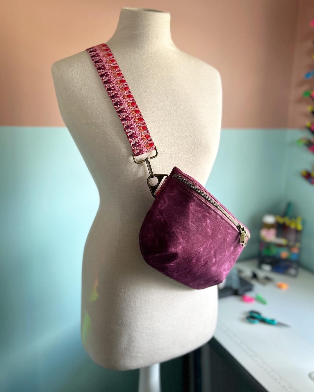 Clamshell Sling Belt Bag Fanny Pack - Berry Garnet Waxed Canvas - BESU ...