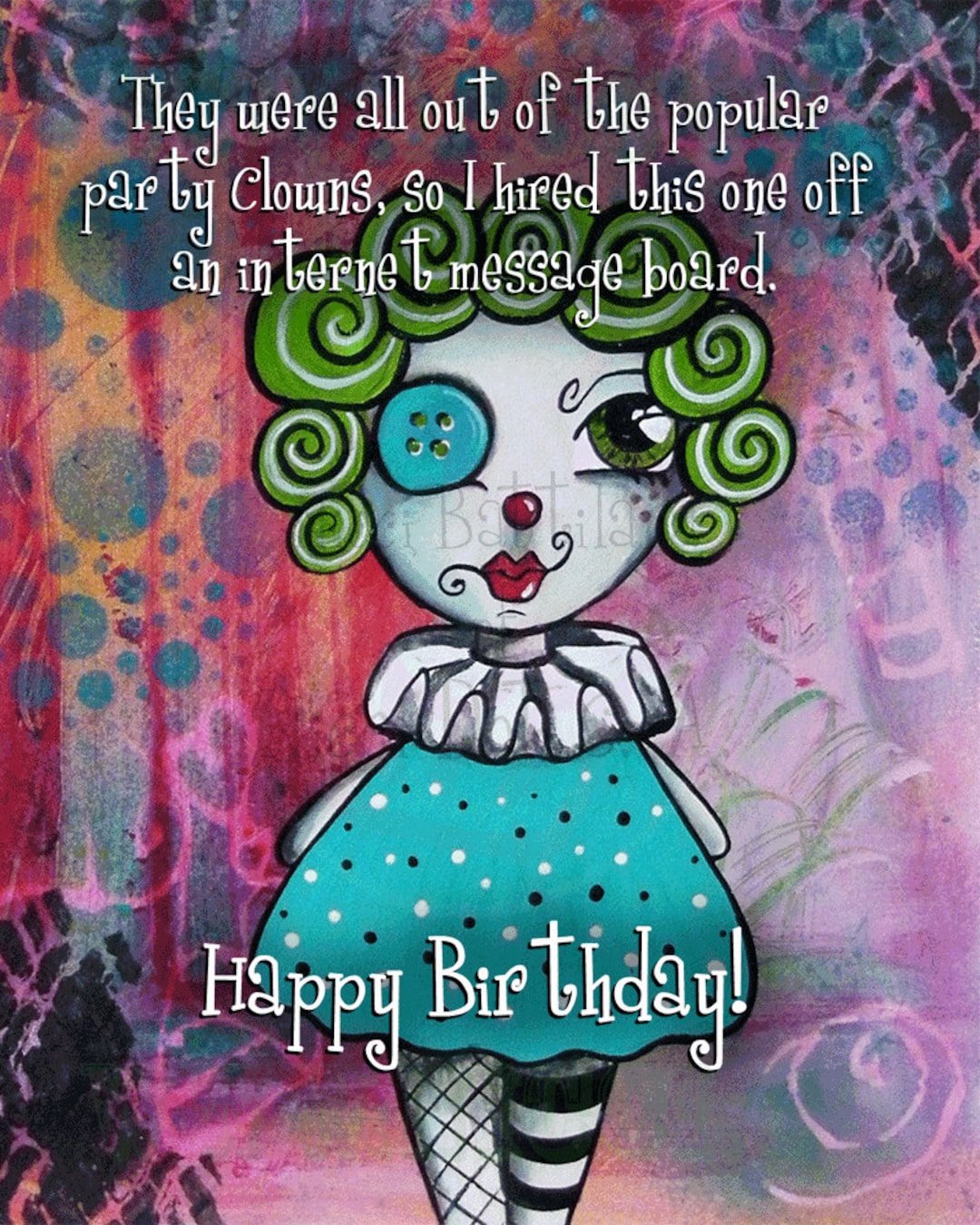 Creepy Clown Birthday Wishes Greeting Card by a Glitzy Gal BLANK Inside ...