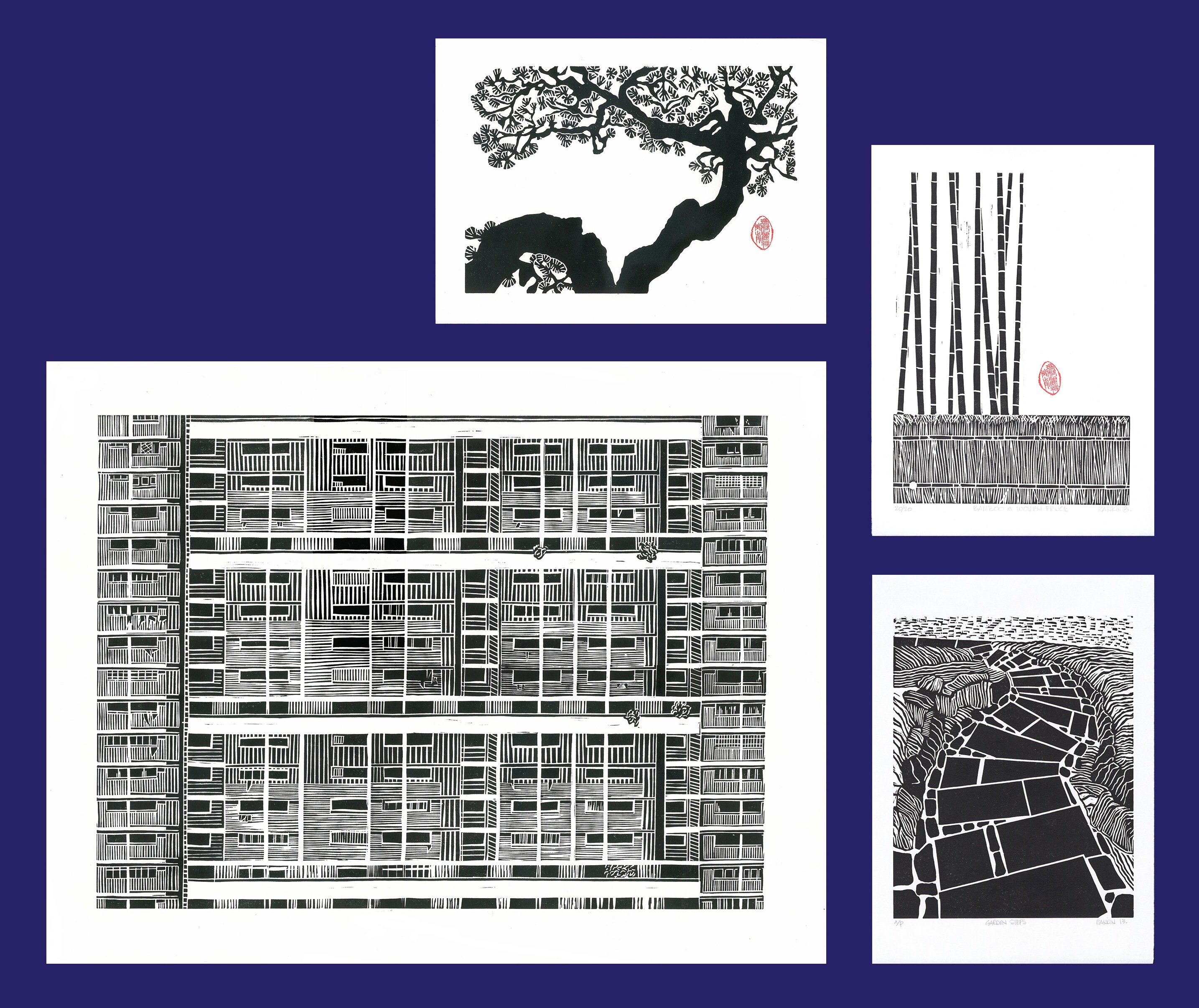 Winding path, Japanese garden linoprint, modern Asian style linocut ...