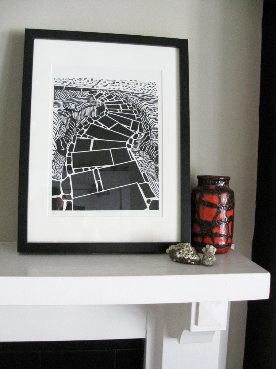 Winding path, Japanese garden linoprint, modern Asian style linocut ...