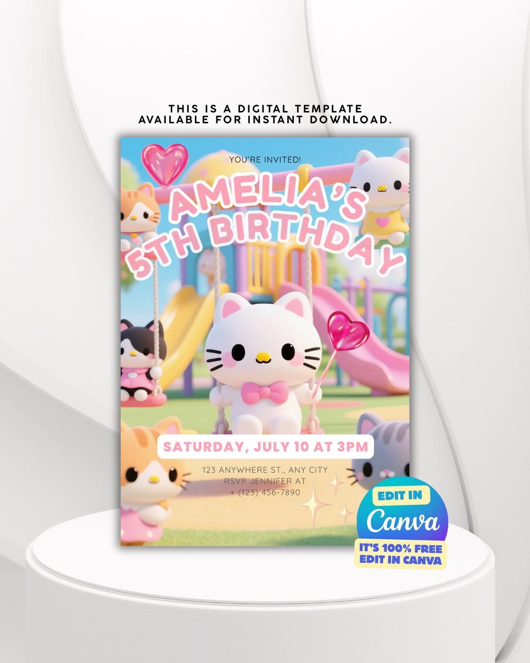 Editable Kawaii Cat Birthday Invitation | Pastel Playground Party ...