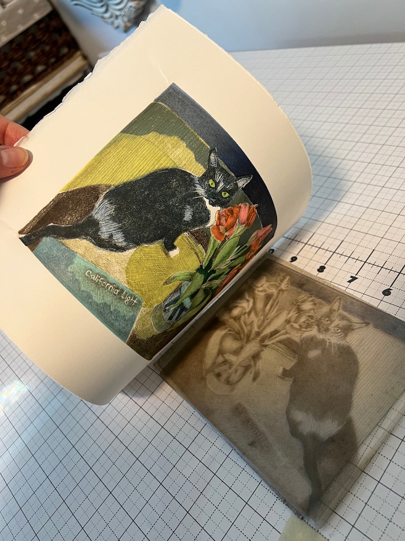 Cat and Tulips Original Art Print Color Linocut Portrait Drypoint ...