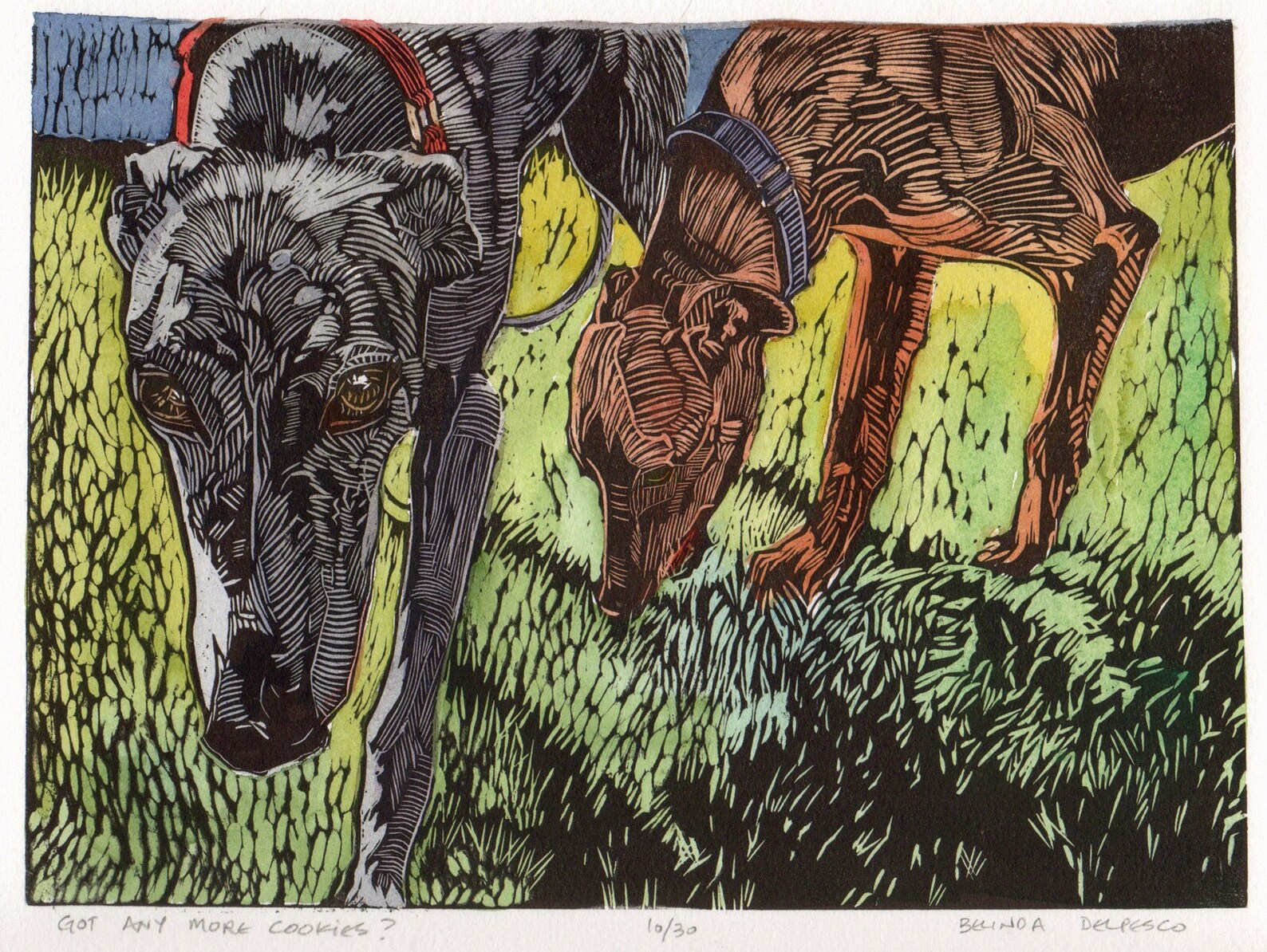Original Framed Linocut Print Greyhound Dogs Got Any More Cookies ...
