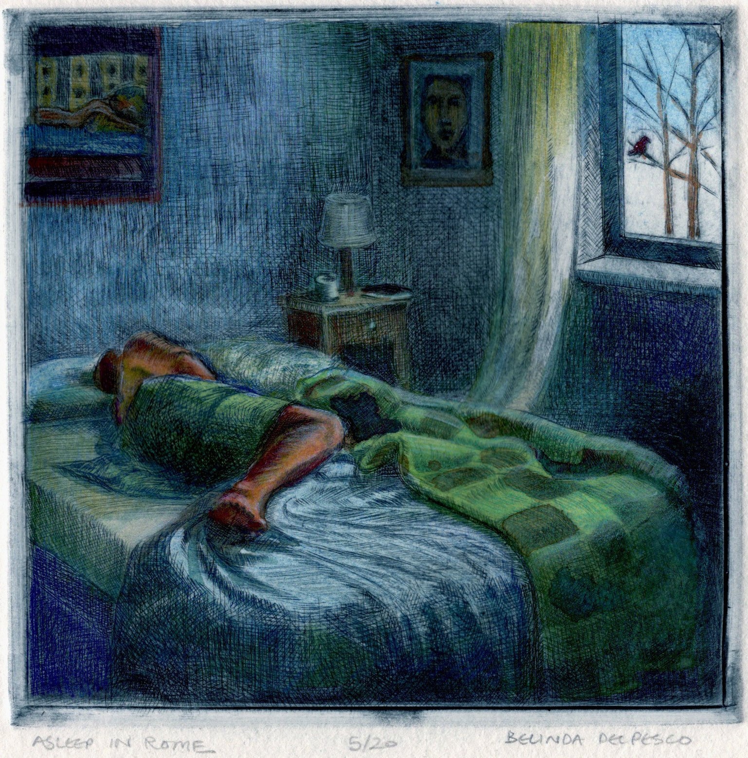 Framed Drypoint & Watercolor Print - Sleeping Figure, Rome Art by ...