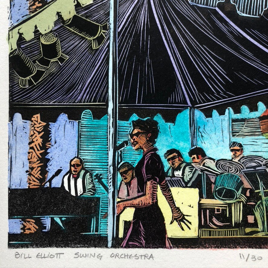 Music Art Original Color Linocut Bill Elliott Swing Orchestra Band ...