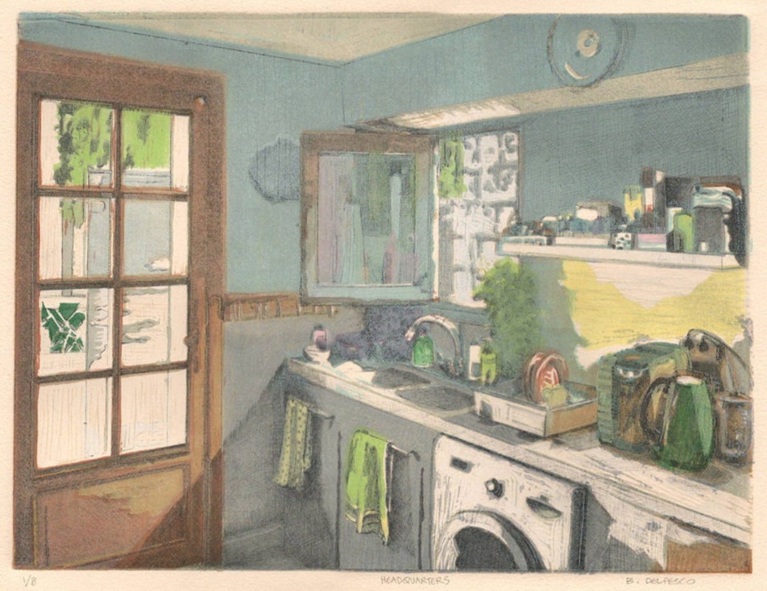 Art Print Original Color Linocut Drypoint Kitchen Interior Still Life ...