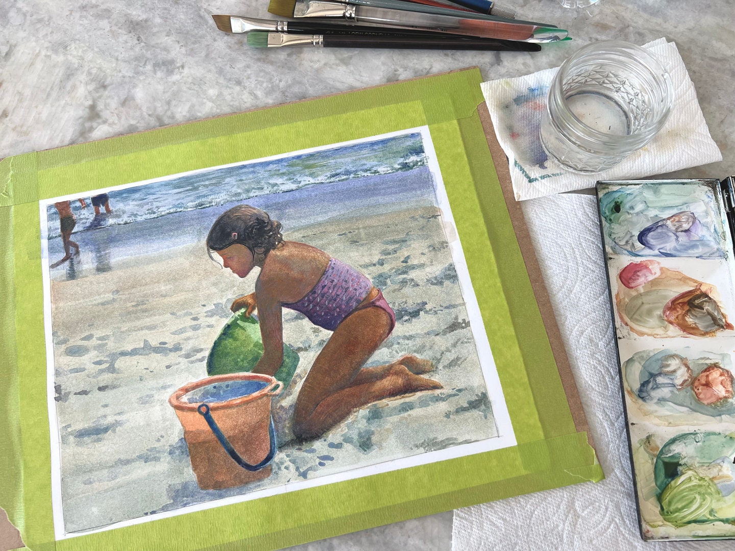 Original Watercolor Girl Portrait Sand Castle Princess Beach Art ...