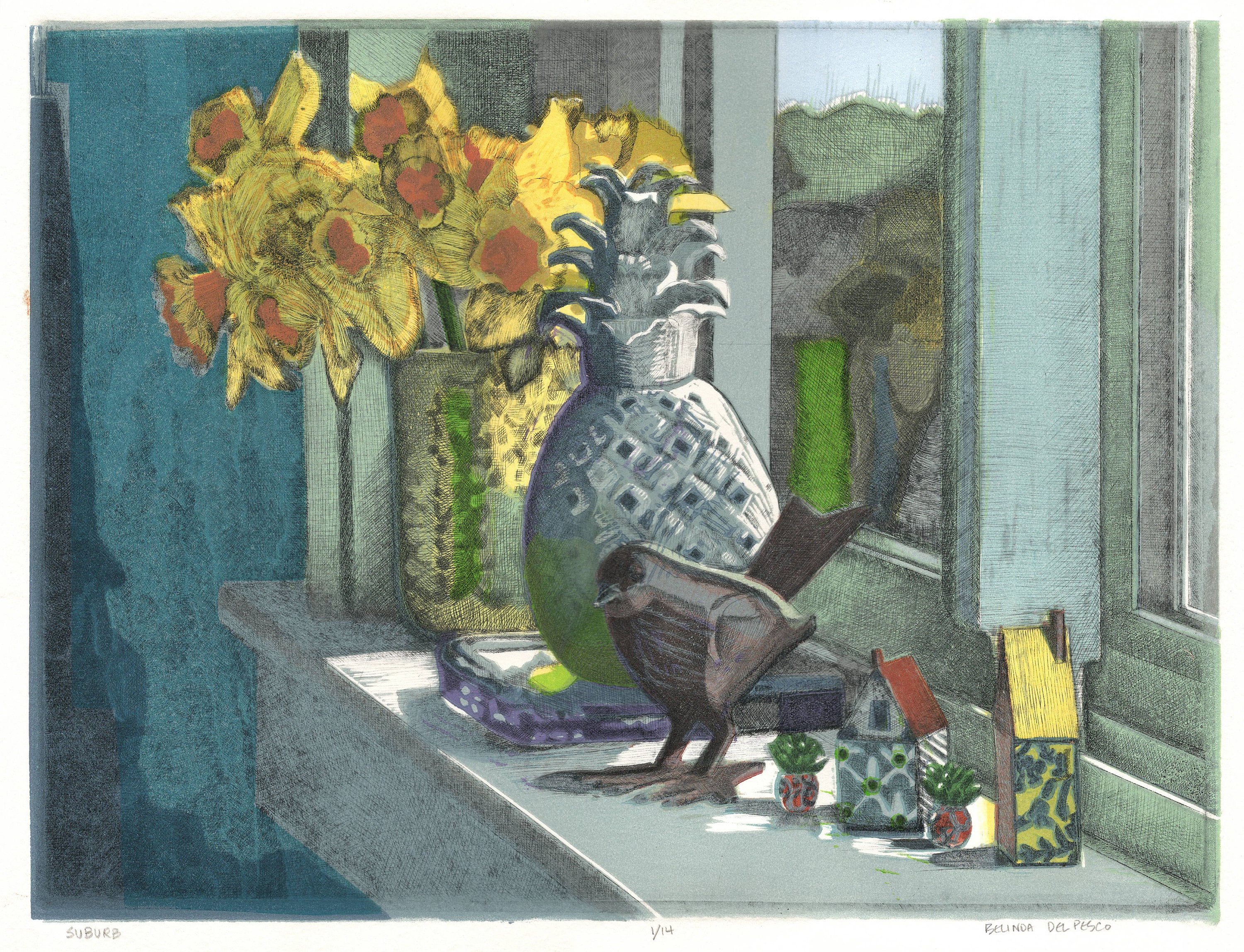 Art Print Original Color Linocut Drypoint Kitchen Interior Still Life ...