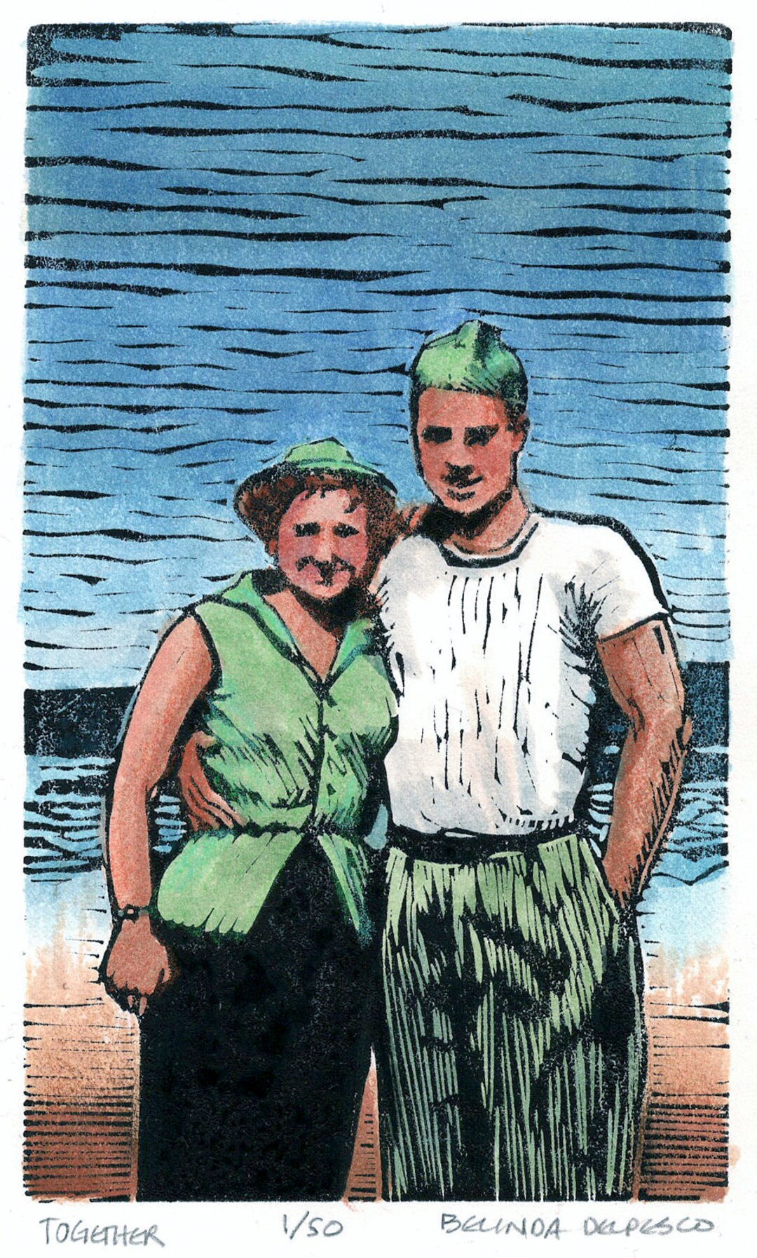 Original Color Linocut Couple Art Soldiers on the Beach Relief Print ...