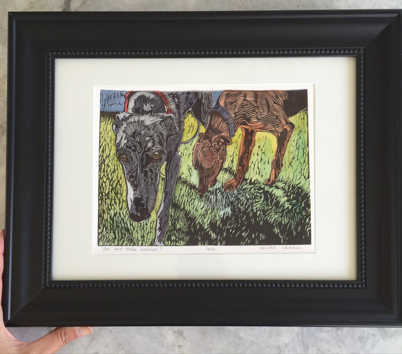 Original Framed Linocut Print Greyhound Dogs Got Any More Cookies ...