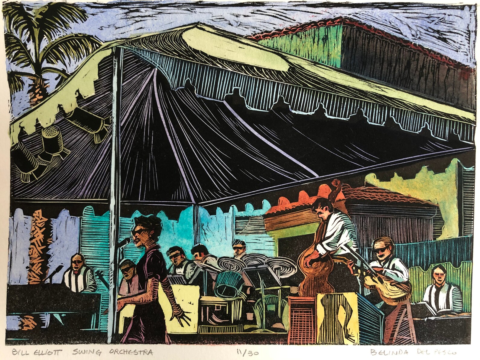 Music Art Original Color Linocut Bill Elliott Swing Orchestra Band ...