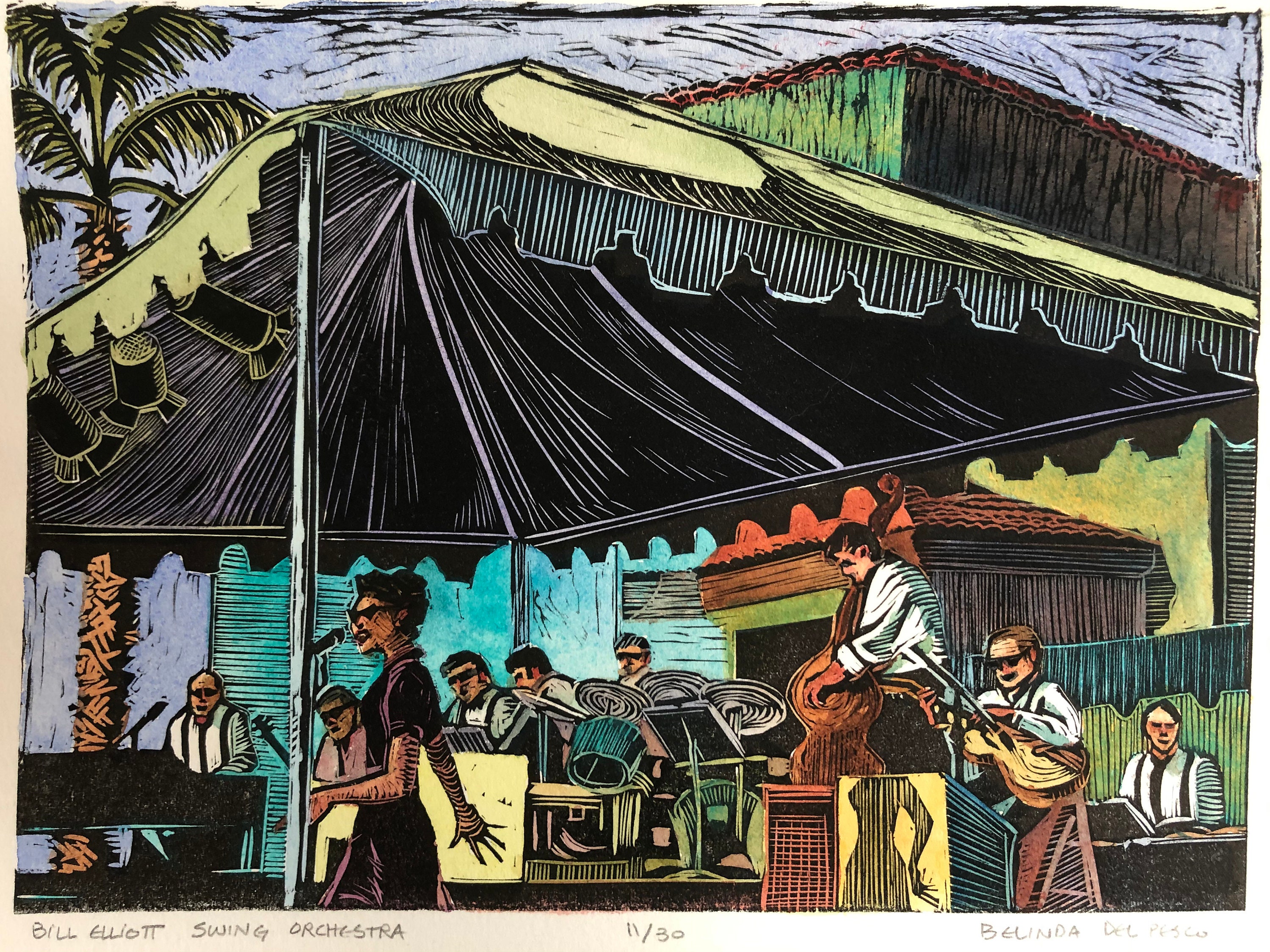 Music Art Original Color Linocut Bill Elliott Swing Orchestra Band ...
