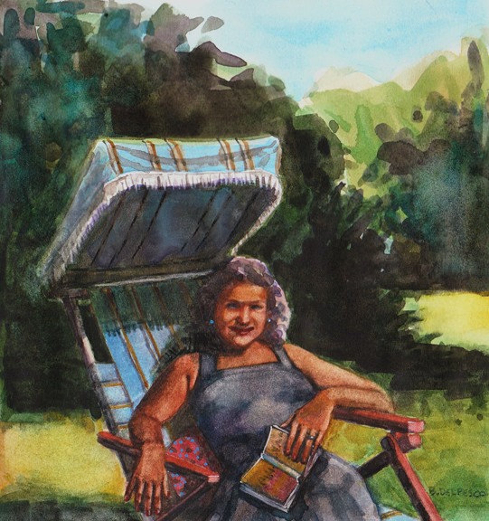 Watercolor Woman Reading Books in the Garden Figurative Painting ...