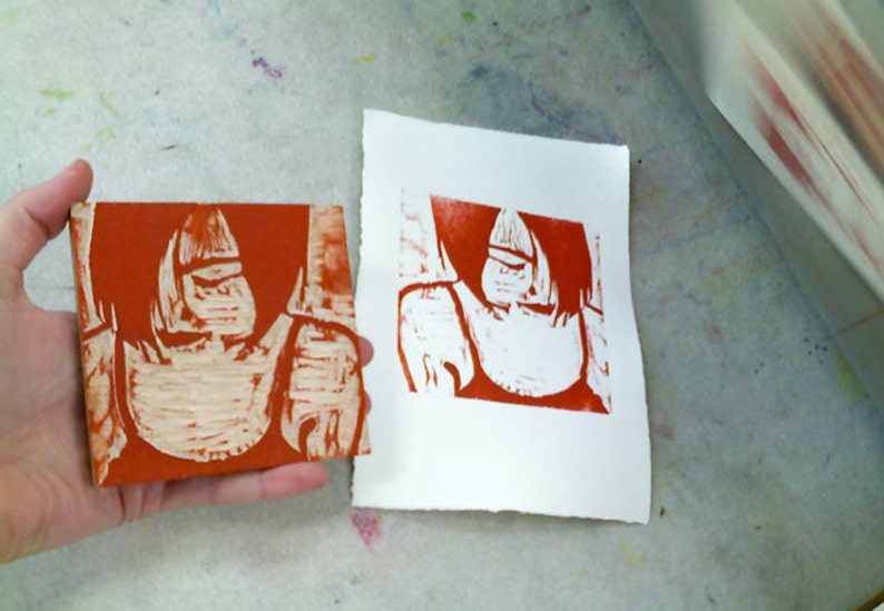 Original Color Woodcut Portrait Printmaking Art Red Headed Woman ...