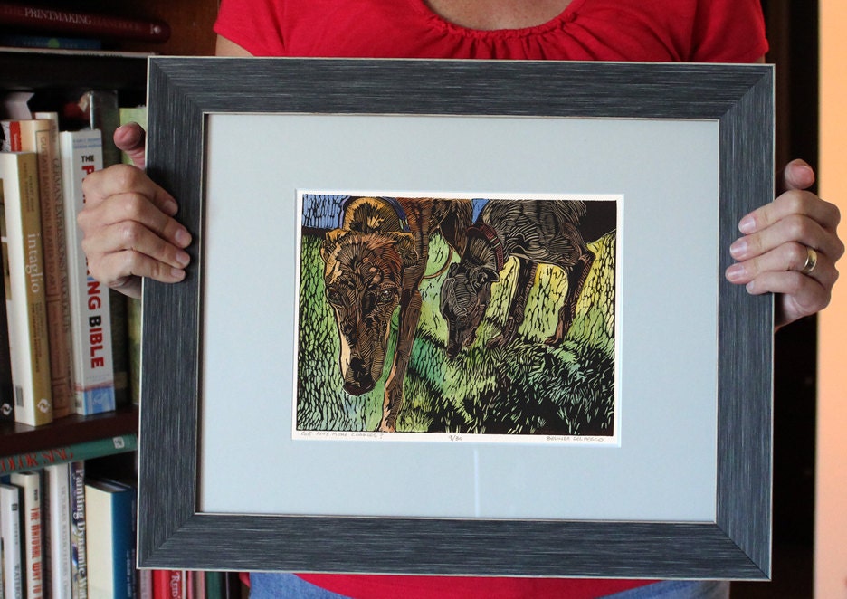 Original Framed Linocut Print Greyhound Dogs Got Any More Cookies ...