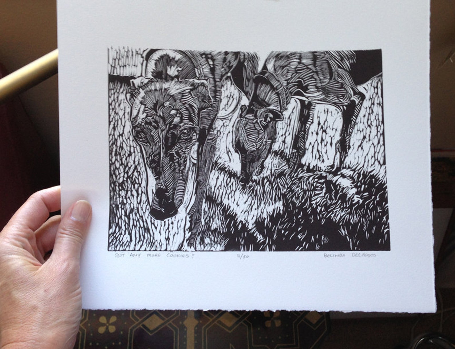 Original Framed Linocut Print Greyhound Dogs Got Any More Cookies ...