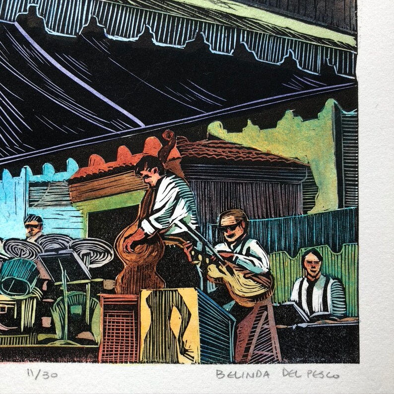 Music Art Original Color Linocut Bill Elliott Swing Orchestra Band ...
