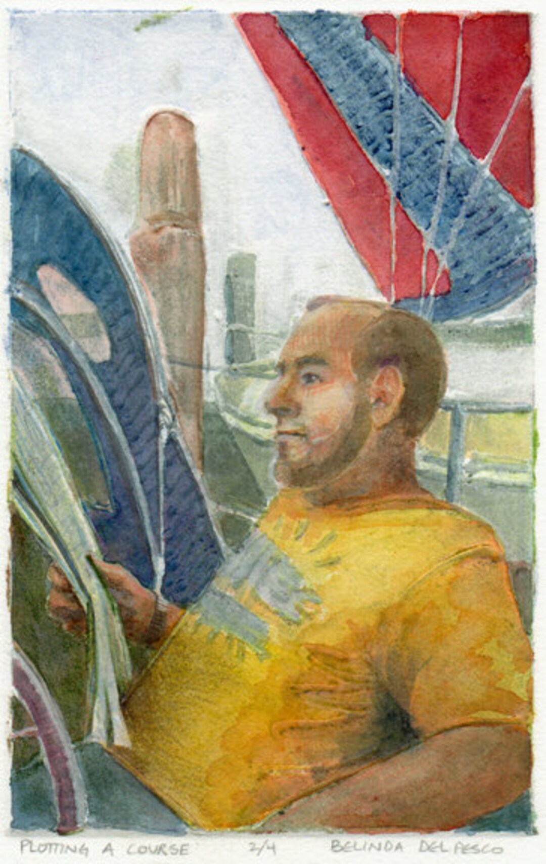 Original Color Collagraph Portrait Sailboat Skipper Reading Charts ...