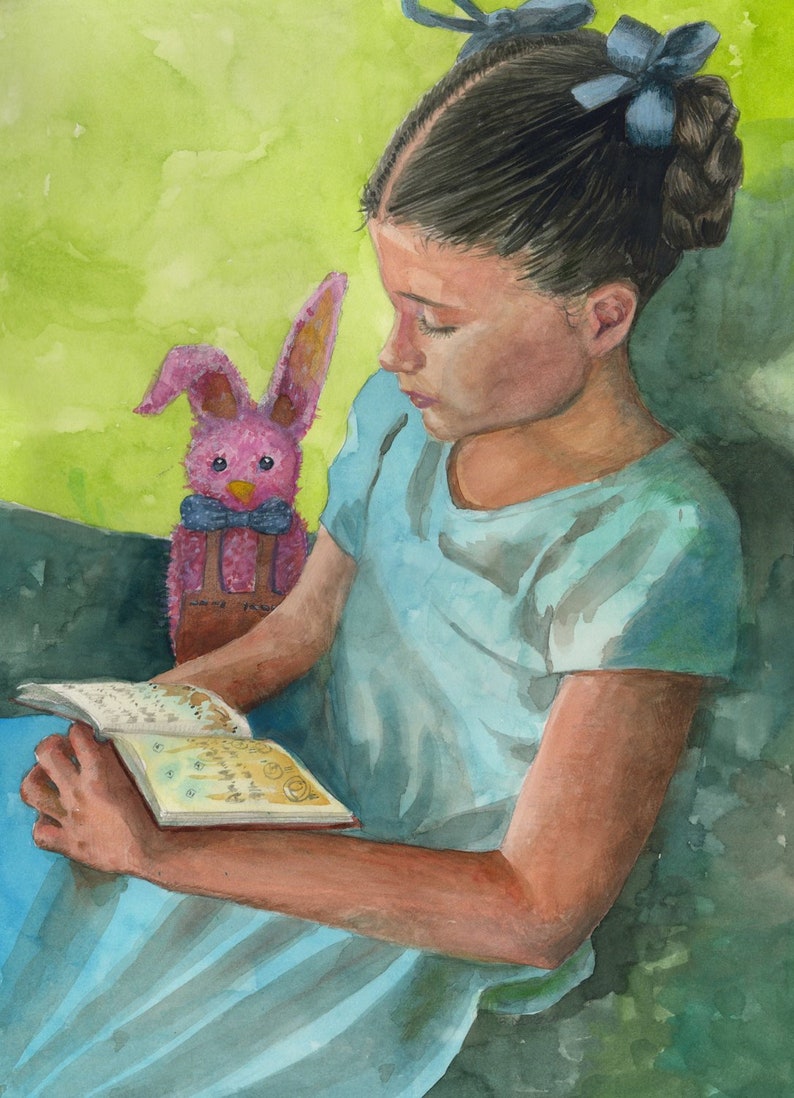 Original Watercolor Portrait Child Reading Books to a Bunny Unframed ...