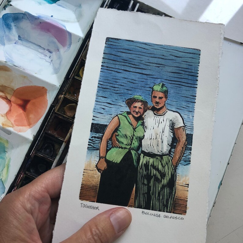 Original Color Linocut Couple Art Soldiers on the Beach Relief Print ...