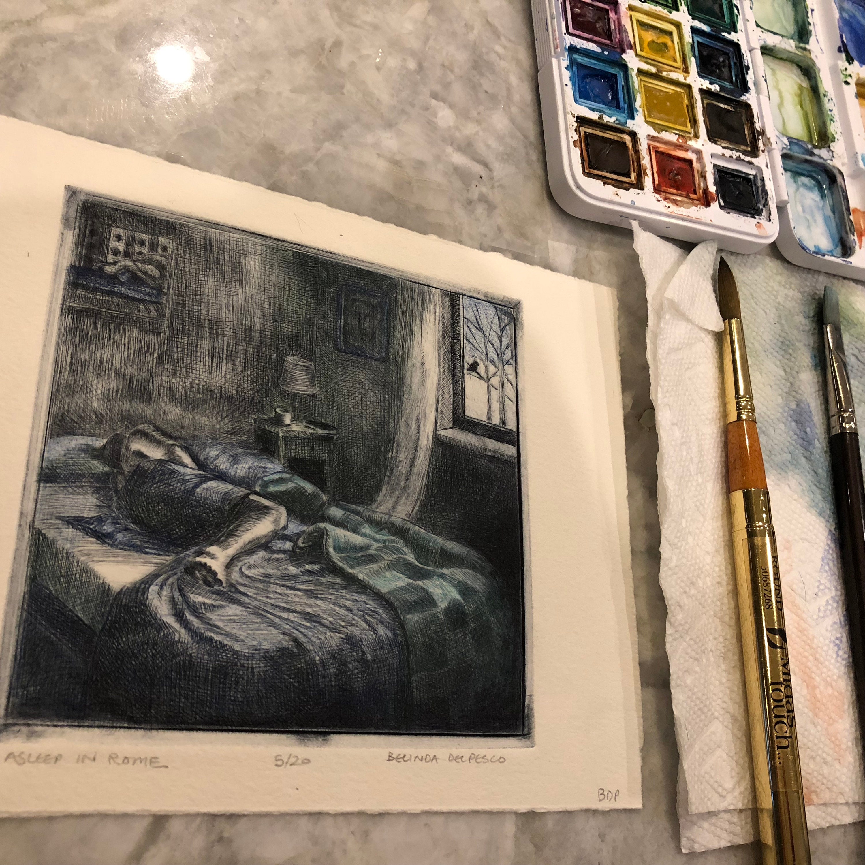 Framed Drypoint & Watercolor Print - Sleeping Figure, Rome Art by ...