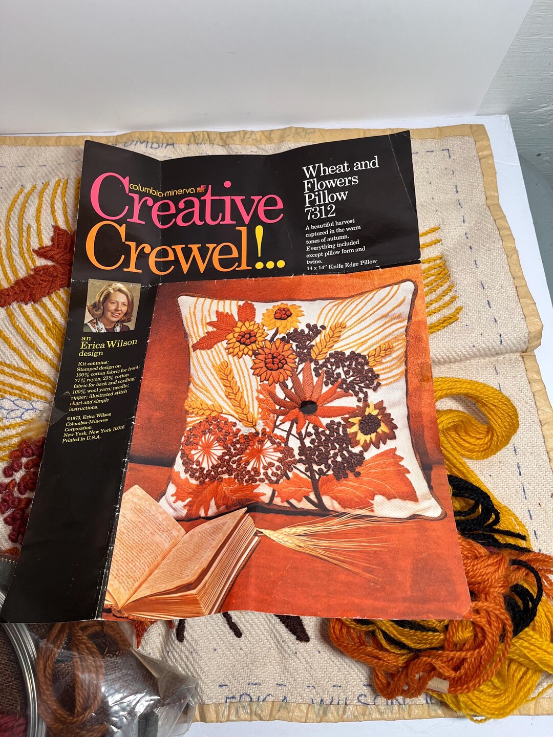 Vintage CM Creative Crewel Kit "wheat & Flower Pillow" by Erica Wilson ...