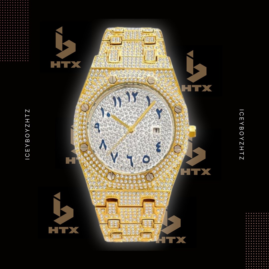 Iced Out CZ Diamond Quartz Wrist Watch, 43mm Calendar Dial With Bright ...