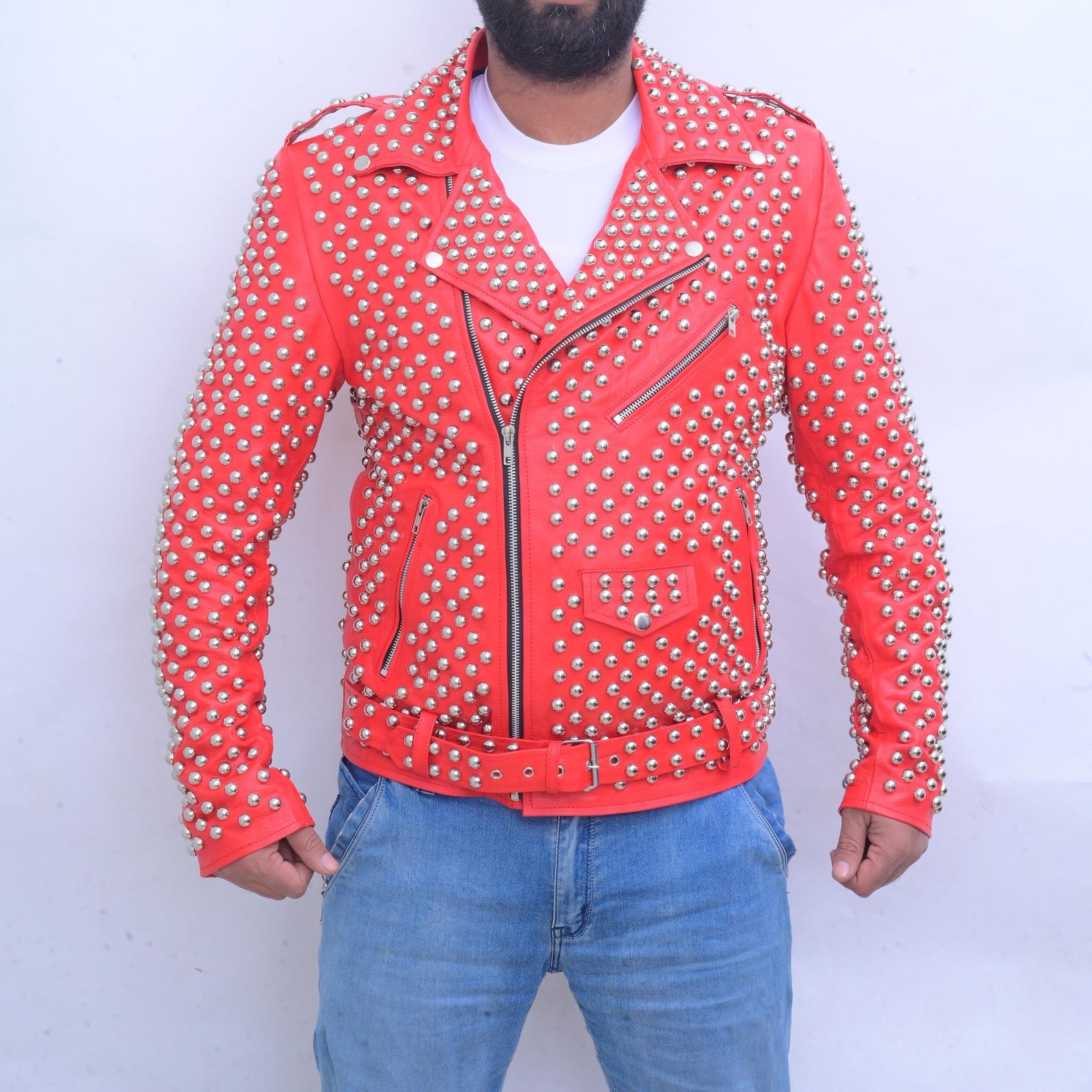 Mens Studded Punk Red Leather Biker Jacket: Cowhide & Silver Spikes ...