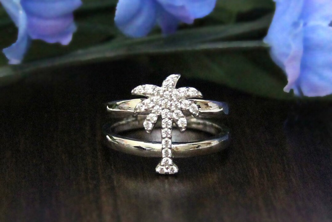 Palm Tree Promise Ring-pave Set Diamond 2-row Shank-statement Ring ...