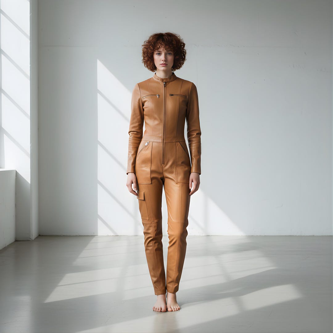 Tan Premium Leather Jumpsuit | Women's Zip Front Bodysuit | Long Sleeve ...