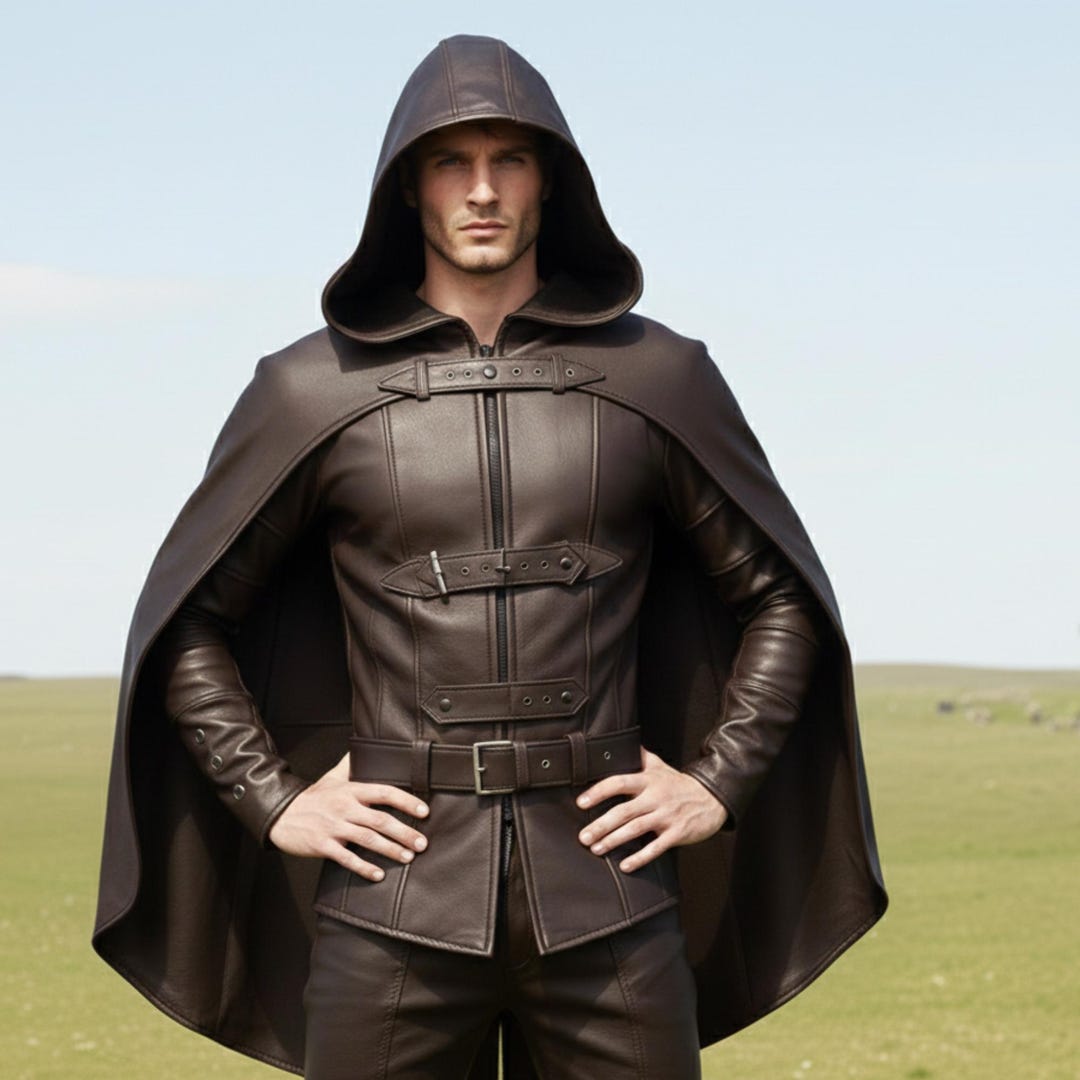 Dark Brown Genuine Leather Hooded Cape Armor | Medieval Mens Buckled ...