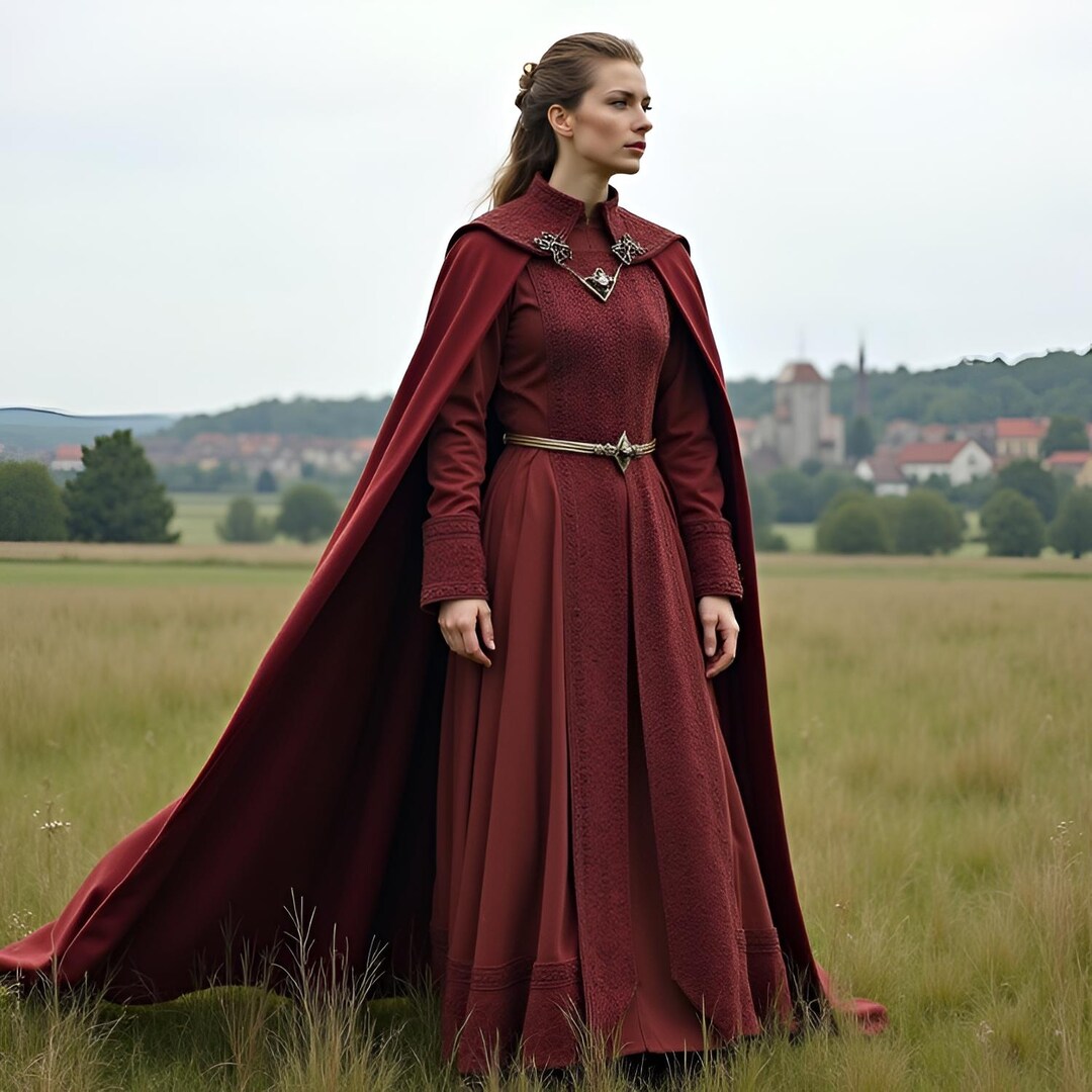 Regal Medieval Cloak Dress | Deep Red Fantasy Gown | Noble Warrior ...