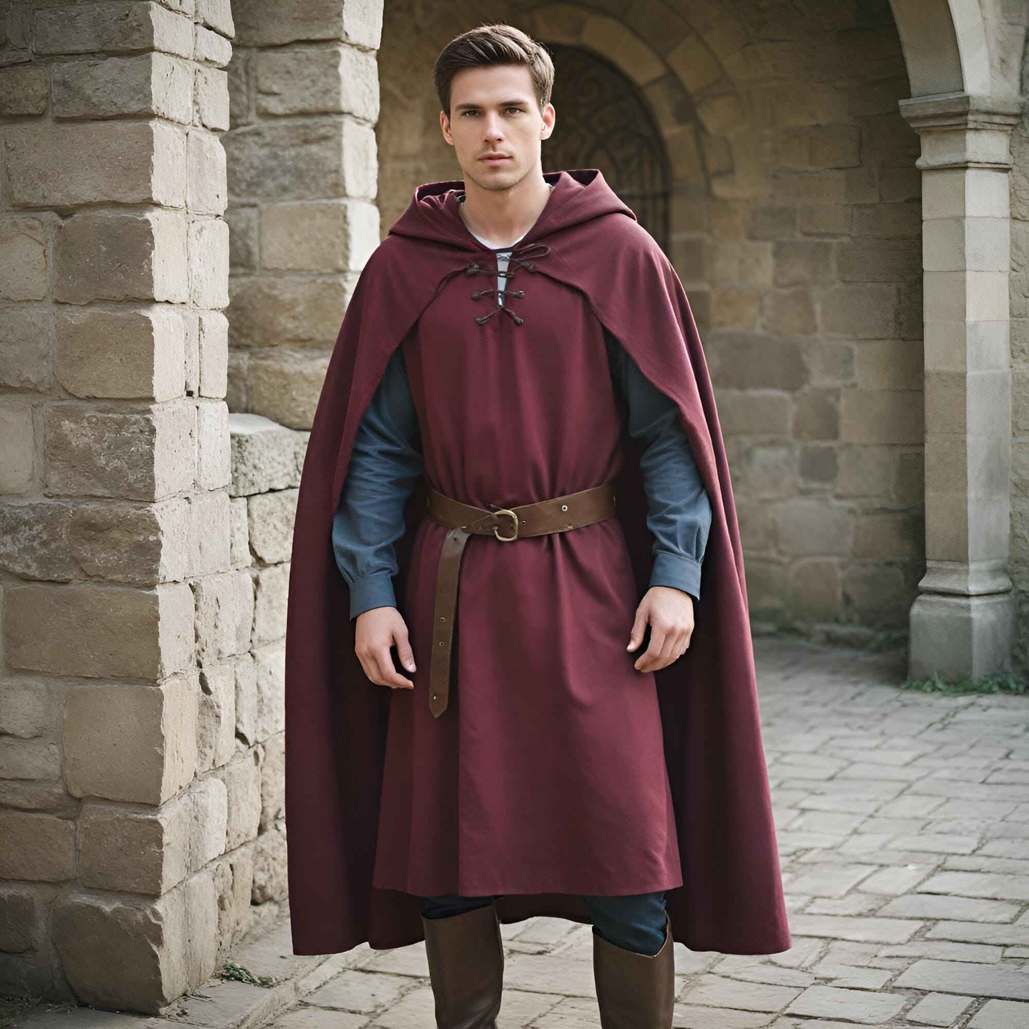 Burgundy Men's Medieval Cloak | Exquisite Renaissance Cape | Hooded Cloak for Historical ...