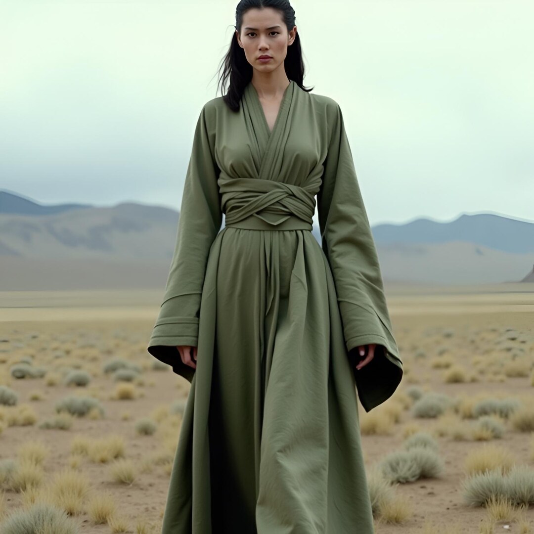 Elegant Warrior Dress | Sage Green Flowing Robe | Desert-inspired ...