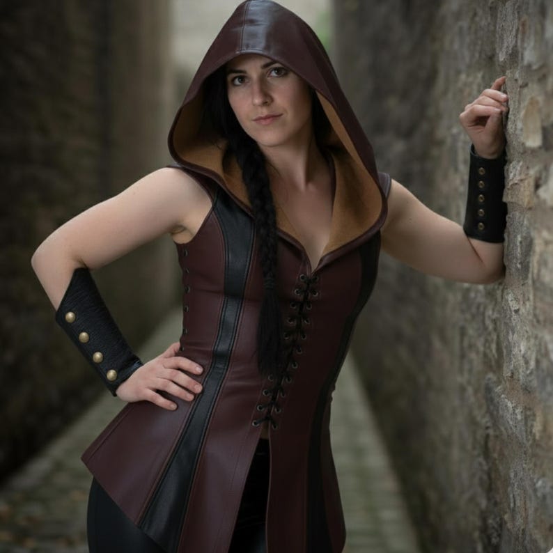 Brown Genuine Leather Hooded Corset Top | Medieval Leather Assassin ...