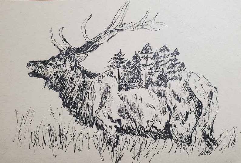 Elk and Landscape Pen and Ink Illustration - Etsy