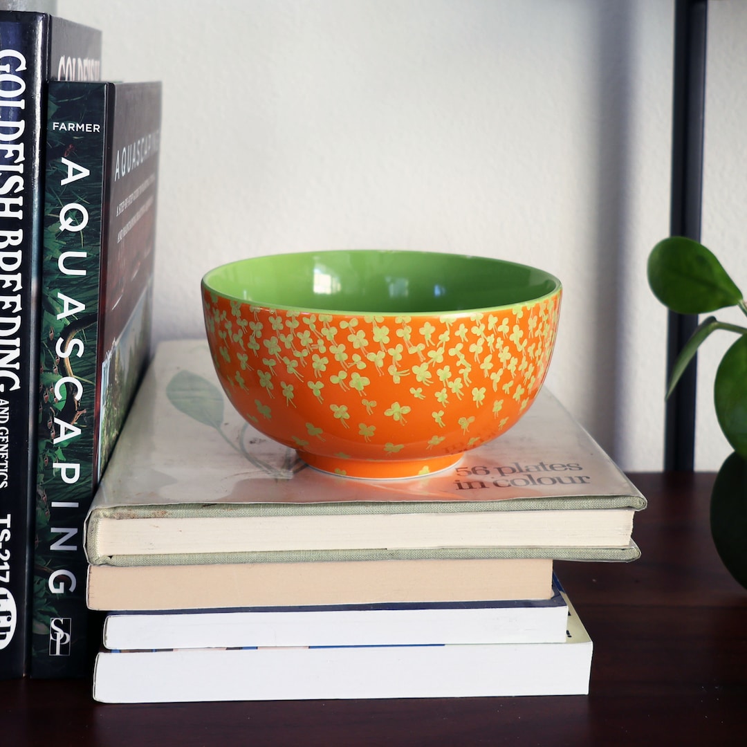 Painted Orange Ceramic Bowl With Duckweed Design | Decorative Upcycled ...