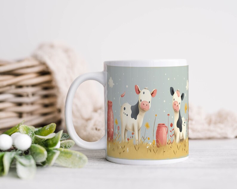Dairy Calves Mug 11oz Cute Country Pastel Cow Design, Rustic Kitchen ...