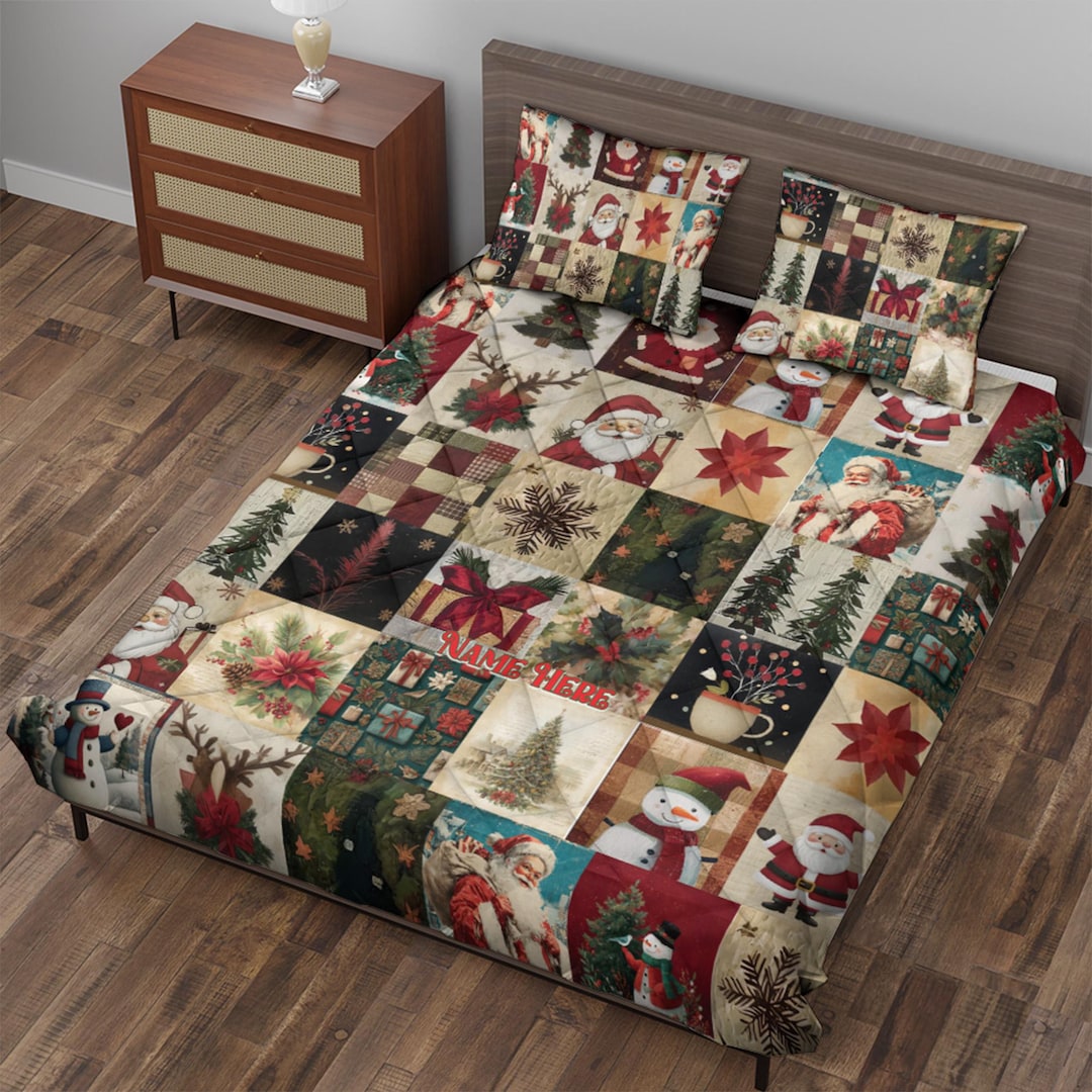 Personalized Christmas Quilt Bedding Set: Custom Family Name Santa ...