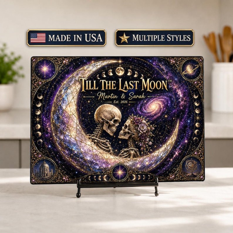 Personalized Celestial Skeleton Couple Glass Cutting Board, Gothic Moon ...