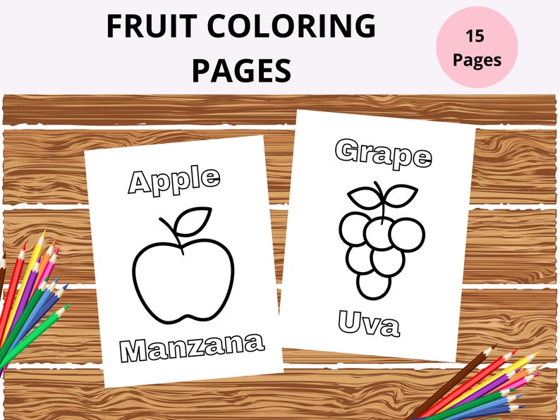 15 Printable Fruit Coloring Pages Worksheets for Kids, English Spanish ...